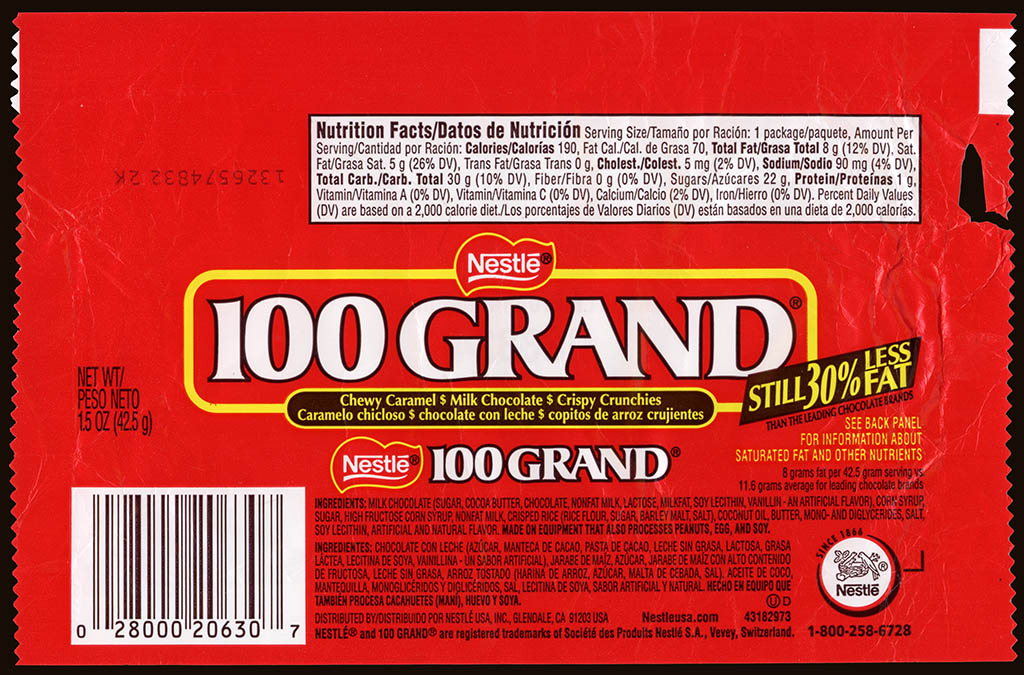 CC Nestle 100 Grand Chocolate Candy Bar Wrapper 2012 CC Nestle 100 Grand Chocolate Candy Bar Wrapper 2012